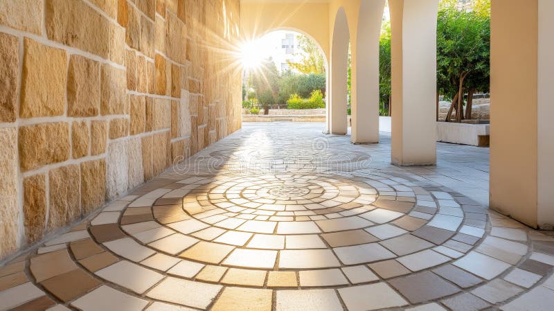 Stone Hallway with Circular Pattern and Sunlight Sunlit Stone Hallway ...