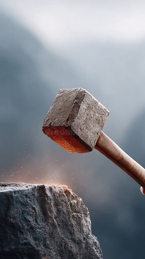 Stone Hammer Striking a Rock Surface, Sparks Flying. Powerful Imagery ...