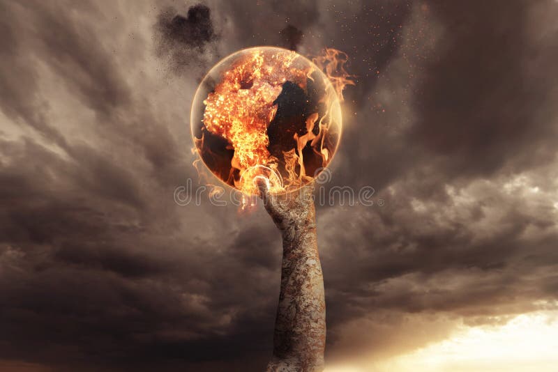 Stone Hand Holding Burning Earth and Rise Up in the Apocalyptic Sky ...