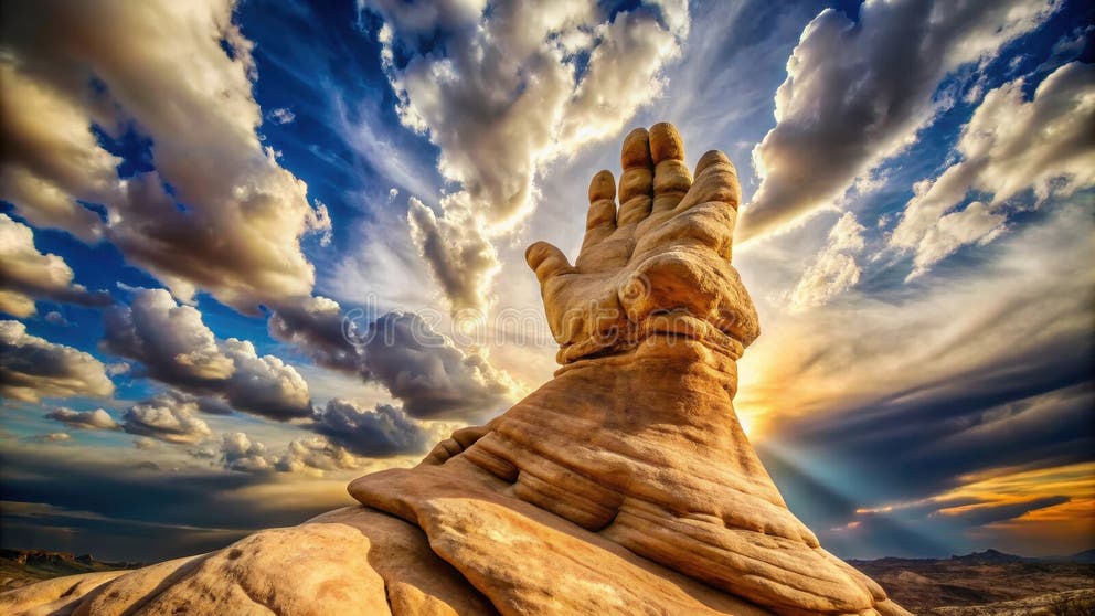 Stone Hand Reaching for Sunset Sky Dramatic Landscape. Generative AI ...