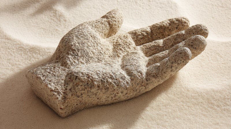 Stone Hand Sculpture Resting on Soft Sand in a Peaceful Setting Stock ...