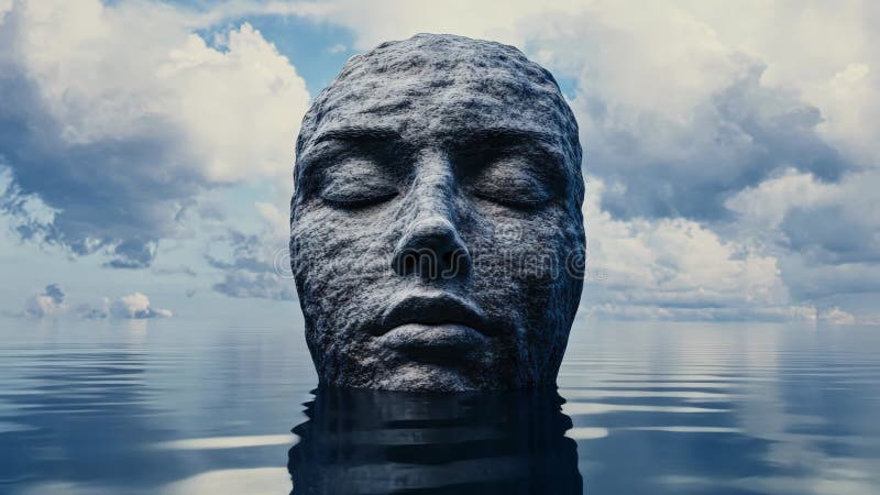 Stone Head Floating on Water with Clouds Reflecting Stock Footage ...