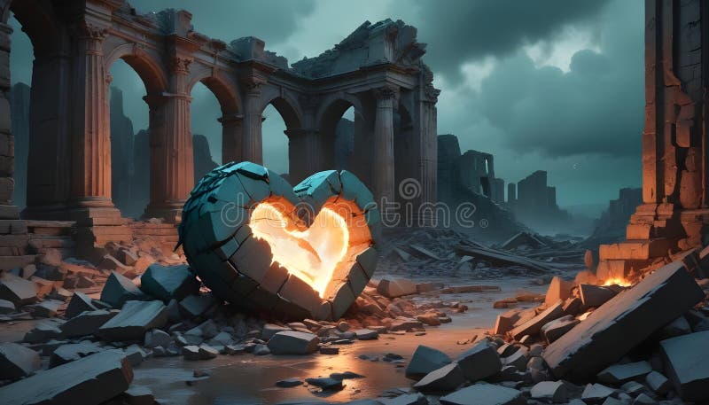 A Stone Heart with a Glowing Orange Core Rests among the Ruins of an ...