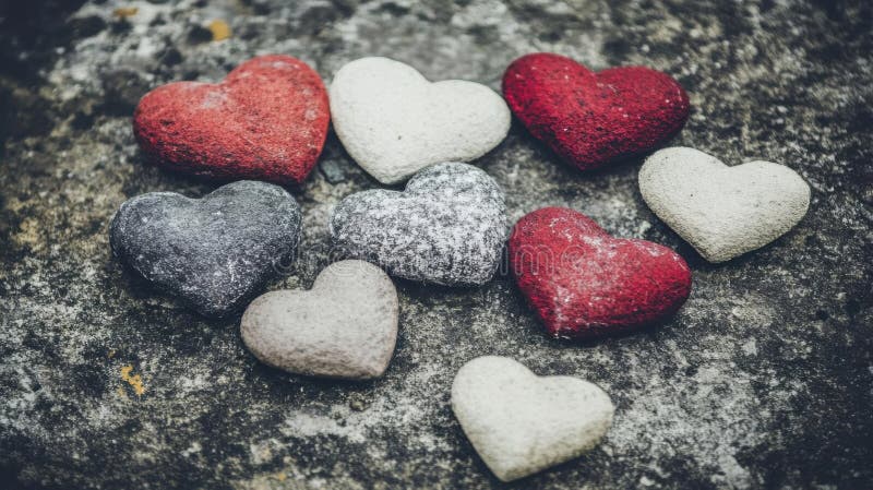 Stone Hearts Adorn Rough Surface, Showcasing Affection and Enduring ...