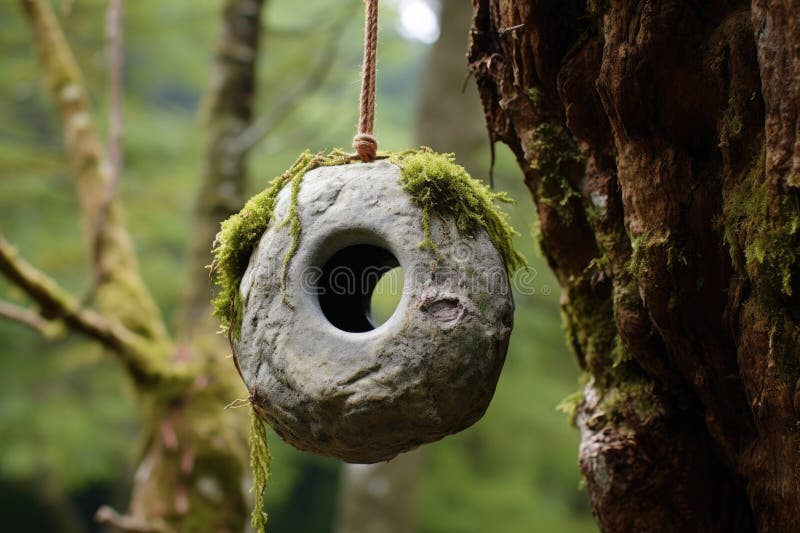 A Stone with a Hole, Hanging from a Tree Branch with a String Stock ...