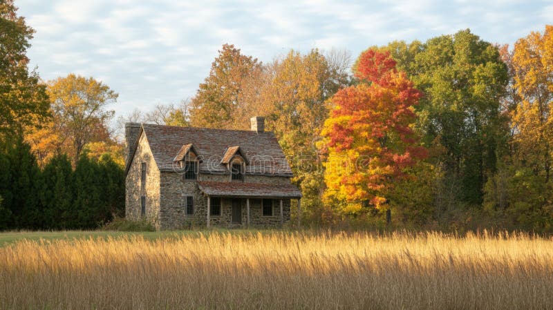 Stone House with Autumn Foliage and Grassy Field Stock Illustration ...