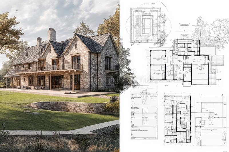 A Stone House with a Blueprint and Floor Plans beside it, Showcasing ...