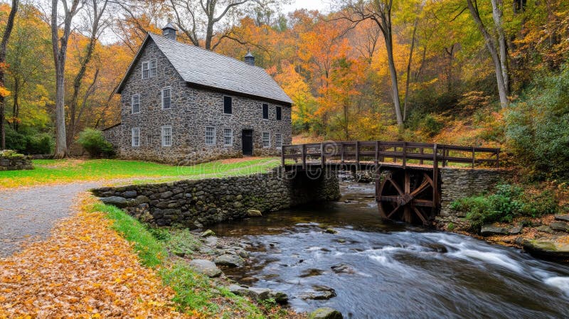 A Stone House with a Bridge Over the River in Autumn, AI Stock Image ...