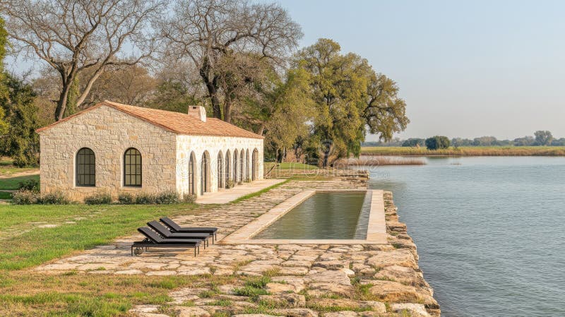 Stone House with Infinity Pool Overlooking a Lake Stock Illustration ...