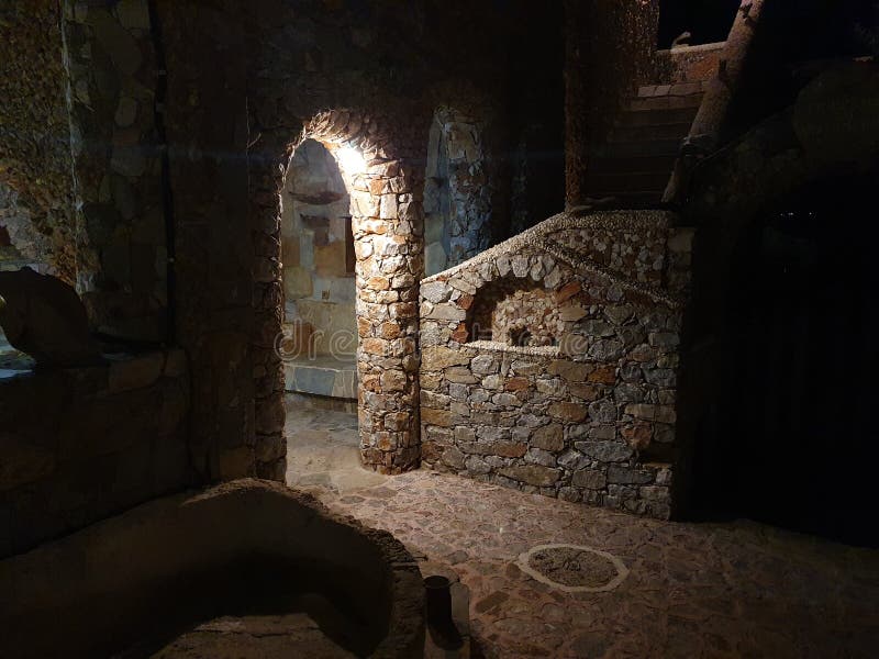 Stone House Inside with a Light Fountain Stock Image - Image of ...