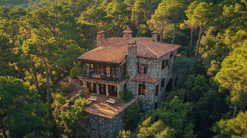 Stone House in Lush Green Forest Aerial View Stock Illustration ...