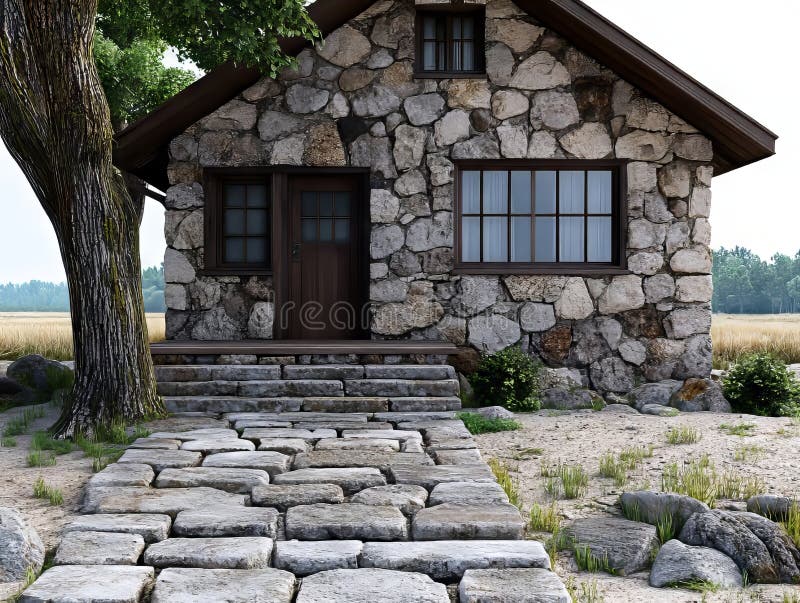 A Stone House with a Tree in Front of it Stock Image - Image of stones ...