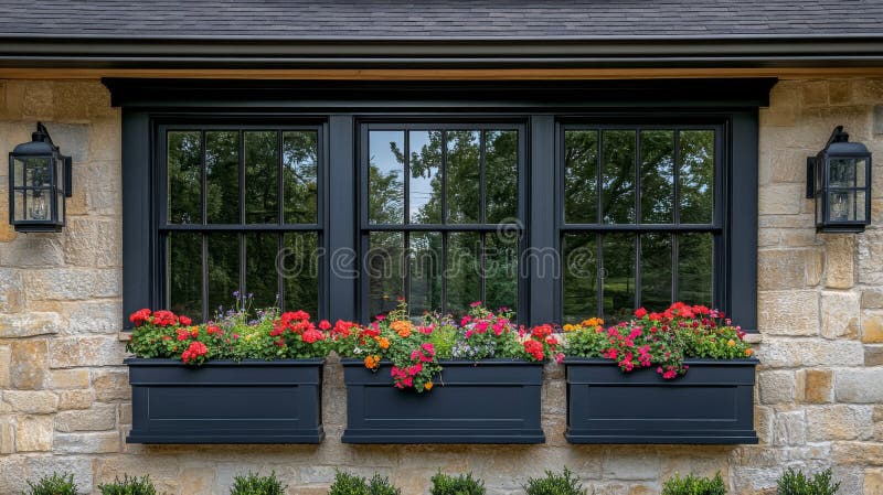 Stone House Window Box Flowers Black Frames Stock Illustration ...