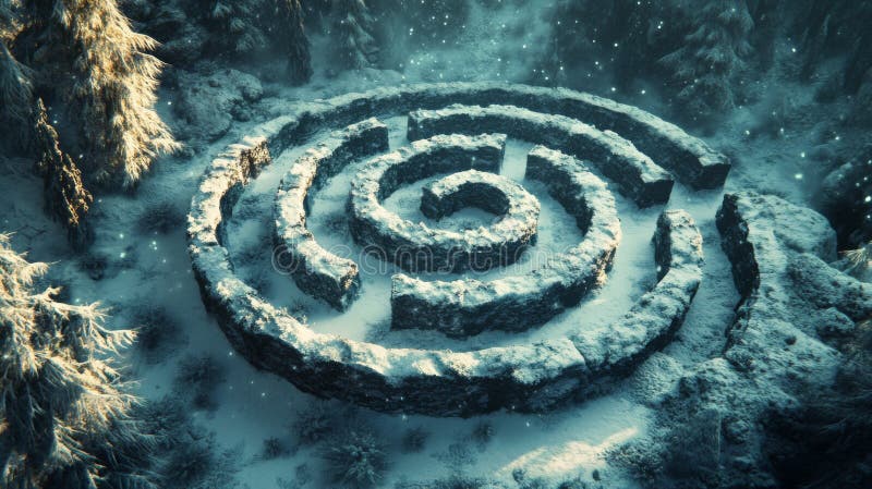 A Stone Labyrinth Covered in Snow in a Snowy Forest Stock Illustration ...