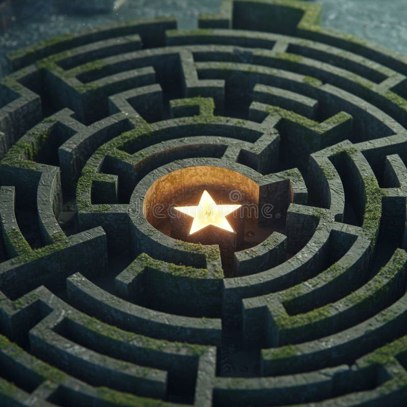 A Stone Labyrinth Features a Glowing Star at Its Center. Moss Covers ...