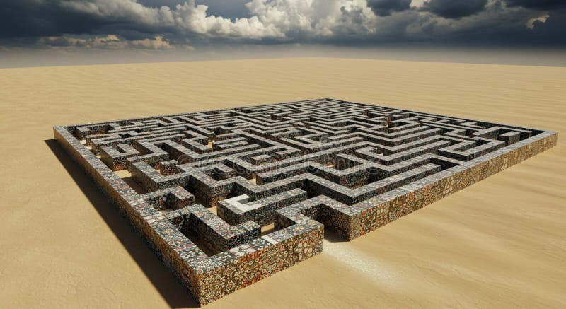 A Stone Labyrinth is Set in a Vast Desert Landscape Under a Cloudy Sky Generated Stock ...