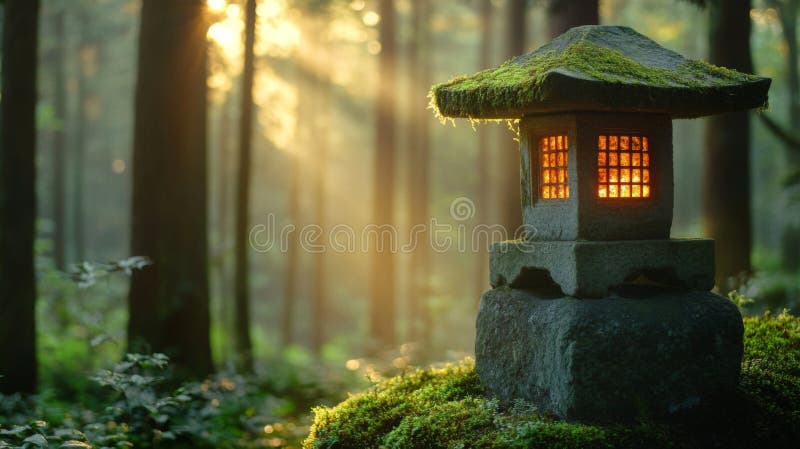 Stone Lantern Glowing in a Sunlit Forest Stock Illustration ...