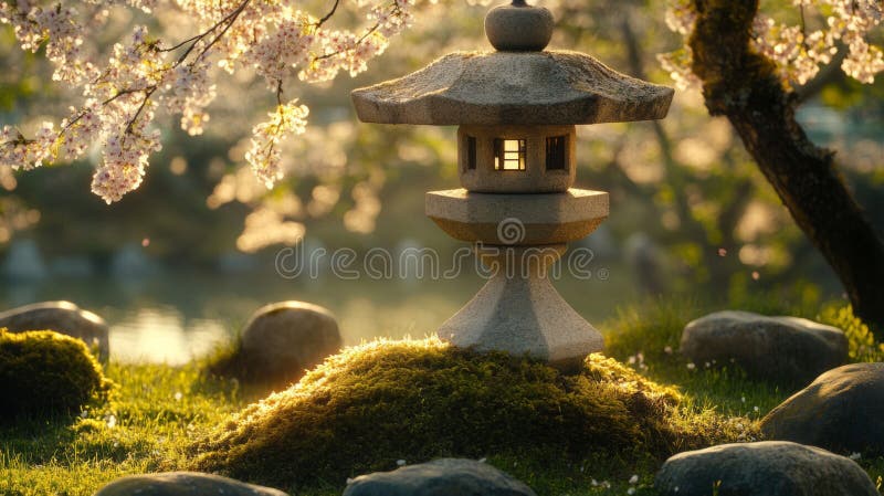 Stone Lantern in a Japanese Garden at Sunrise Stock Illustration ...