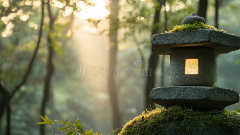 Stone Lantern in a Misty Forest at Sunrise Stock Illustration - Illustration of forest ...