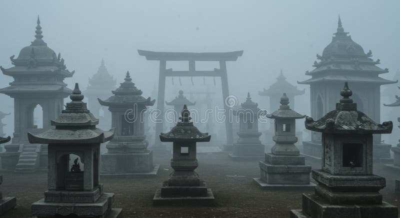 Stone Lanterns and Torii Gate in Misty Fog Stock Illustration ...
