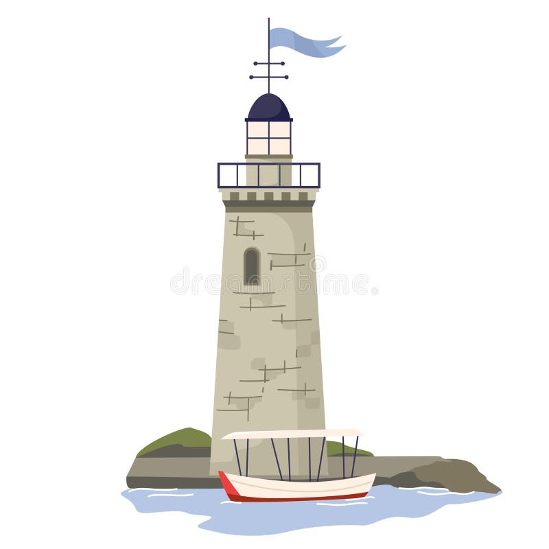 Stone Lighthouse with Boat Nautical Navigation Tower Helping Ships To ...