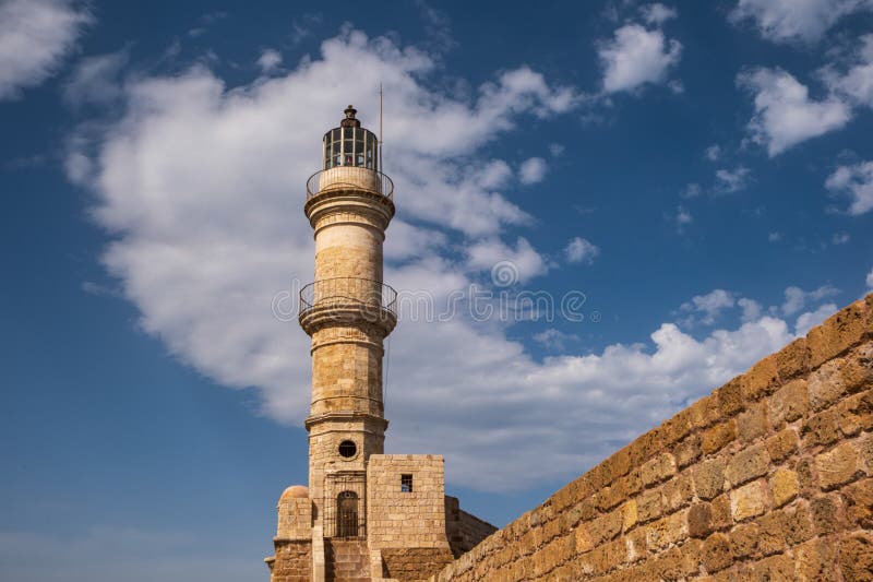 Stone Lighthouse Against a Blue Sky in Chania, Crete Stock Image ...