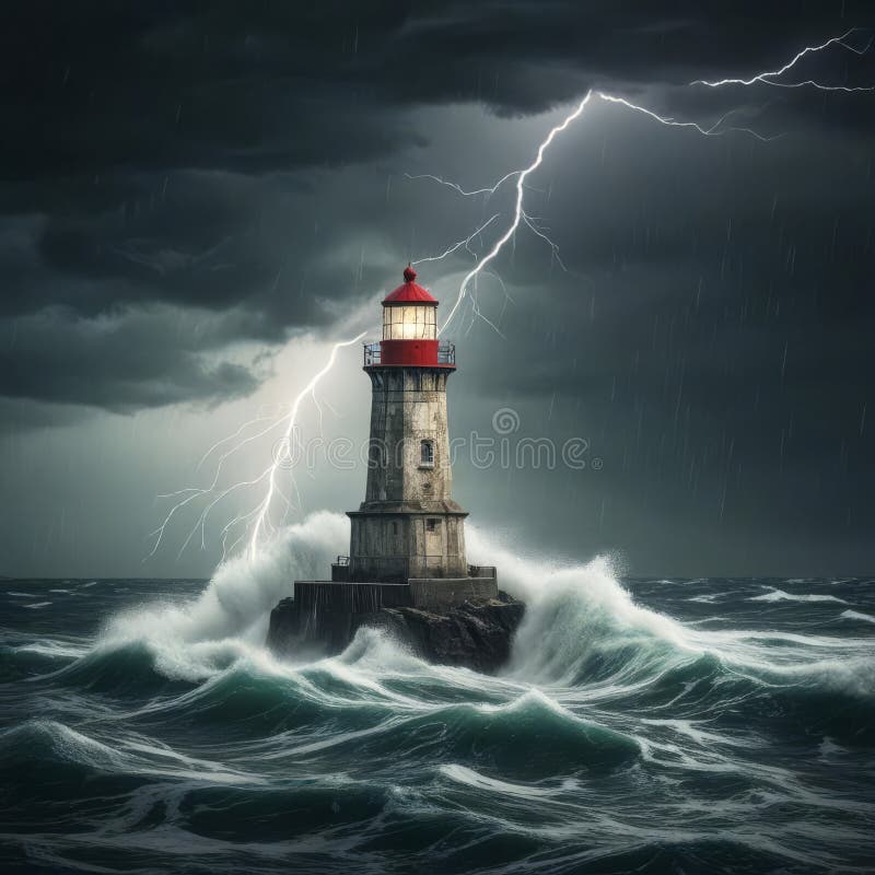 Stone Lighthouse Illuminated by a Bright Flash of Lightning Stock ...