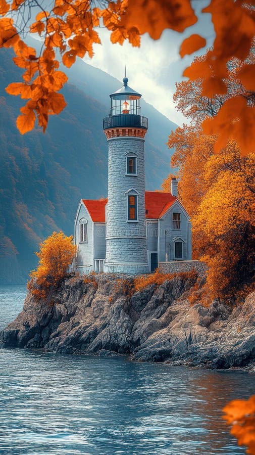 Stone Lighthouse on a Rocky Coast with Autumn Foliage - Illustration ...