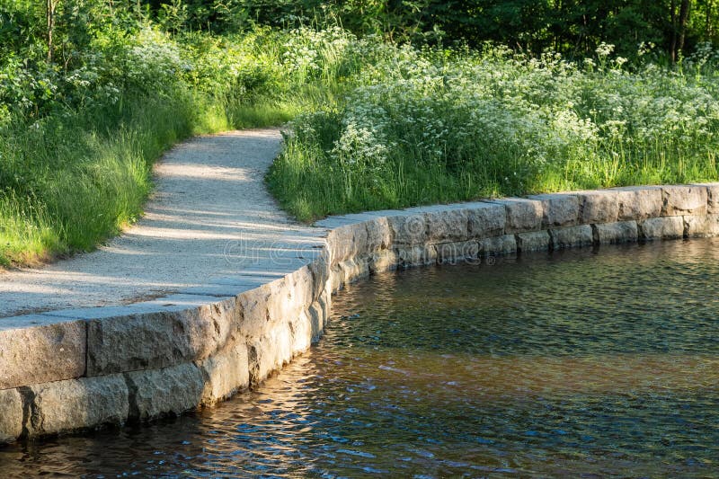 Stone-lined Stream Bank in a Park Stock Image - Image of design, shore ...