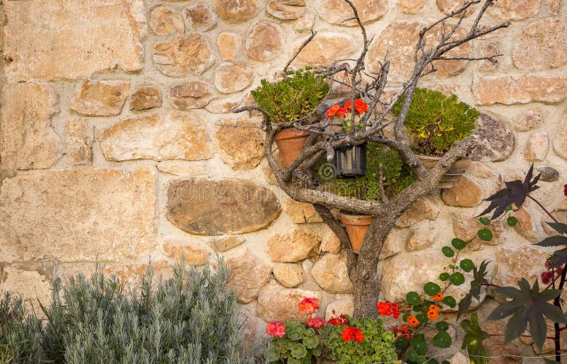 Stone Made Wall Decorated with Flowers and a Tree Log Stock Image ...