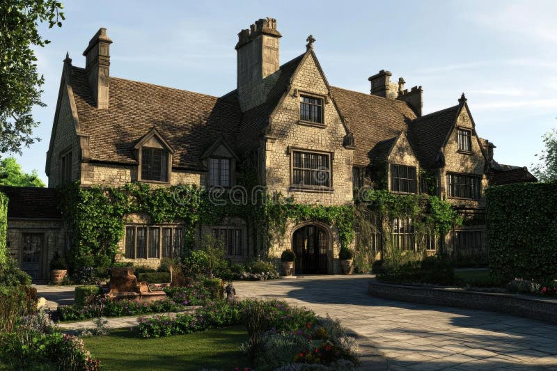 Stone Manor House with Lush Gardens Stock Illustration - Illustration ...