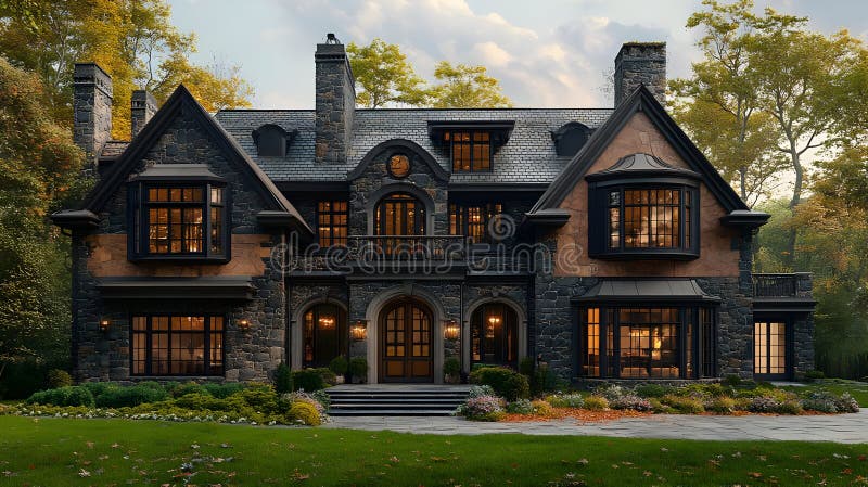 Stone Mansion with Glowing Windows 3D Illustration Stock Illustration ...