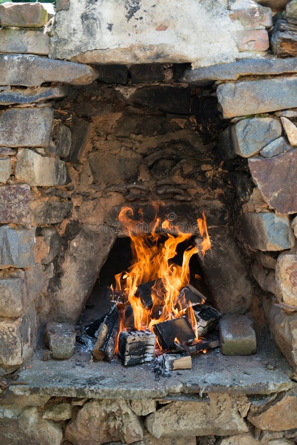 Stone Masonry Furnace with Burning Fire Stock Image - Image of cooking ...