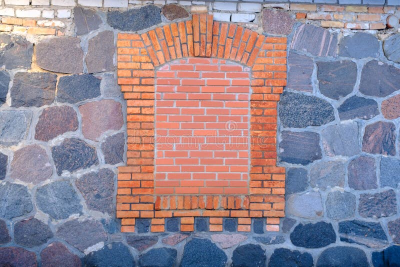 Stone Masonry Wall with Bricked Up Window with Red Bricks Stock Image ...