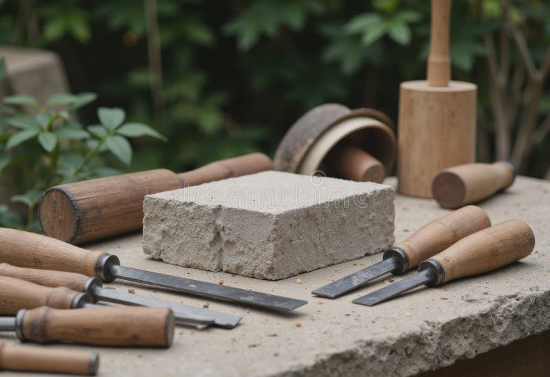 Stone-masonry Yard Table Displaying Various Chisels and Tools Stock ...