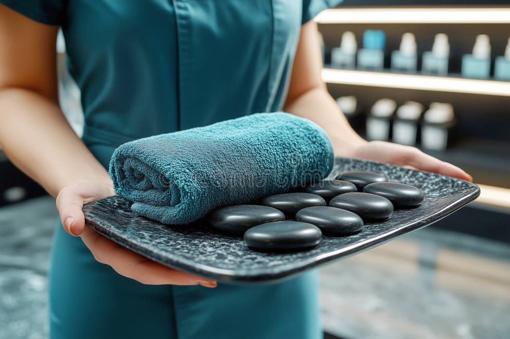 Stone Massage Therapy Set Held by a Professional Spa Worker in Uniform ...