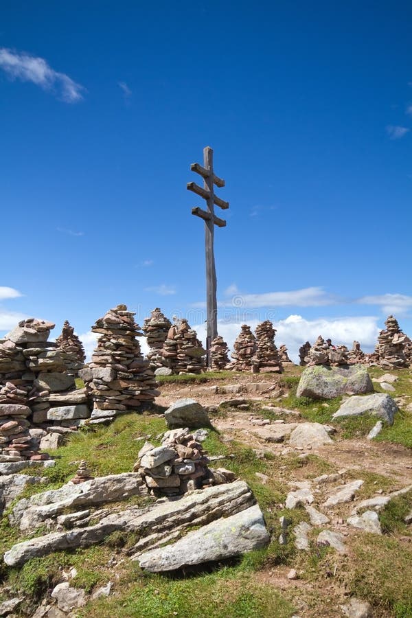 Stone Men with Cross in the Alps, Italy Stock Image - Image of alps ...