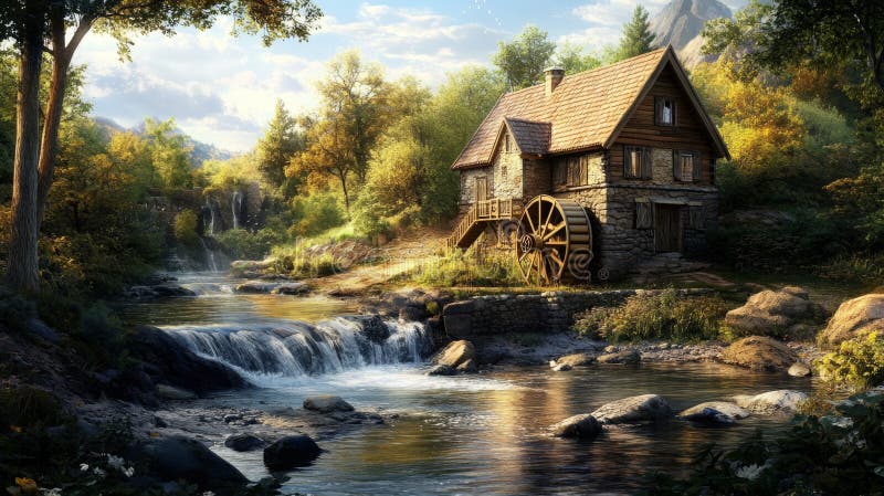 Stone Mill House with a Waterfall and River Stock Illustration ...
