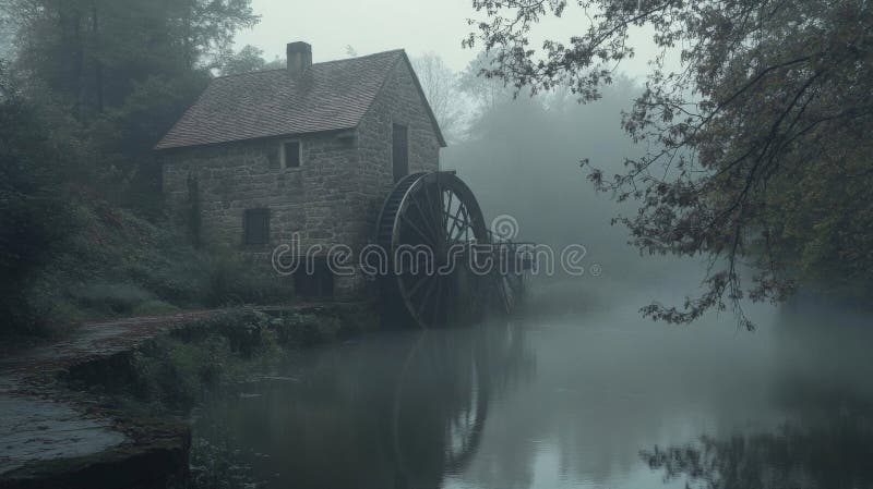 Stone Mill with Water Wheel in Foggy Forest Stock Illustration ...