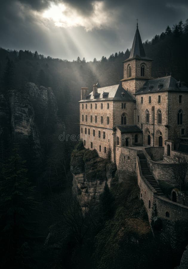 Stone Monastery on a Hillside in a Dark Forest Stock Illustration ...