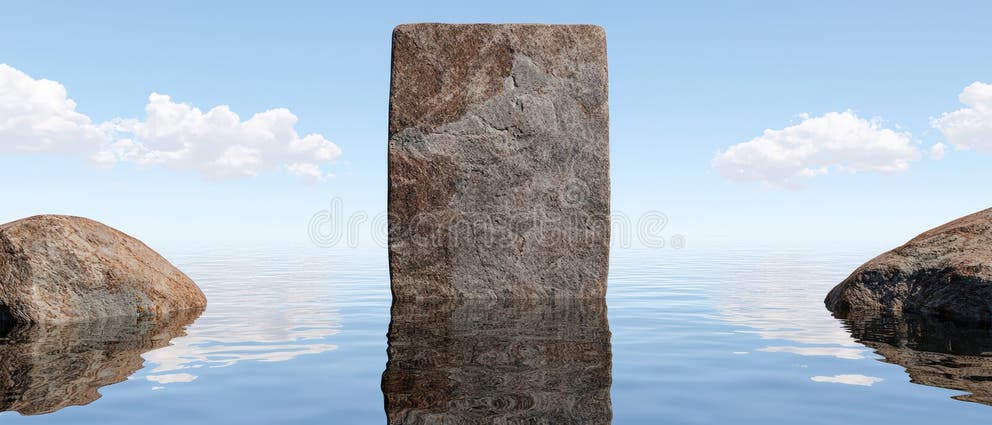 Stone Monolith in Calm Water with Blue Sky and Clouds. Stock ...