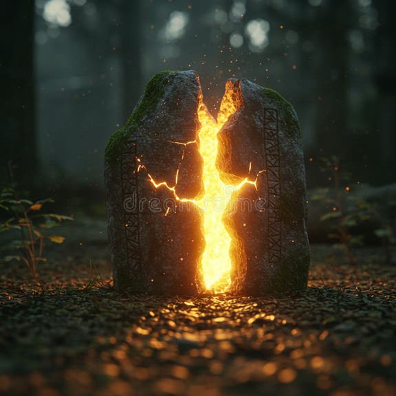 A Stone Monolith in a Forest, Split Open Revealing a Bright, Glowing ...