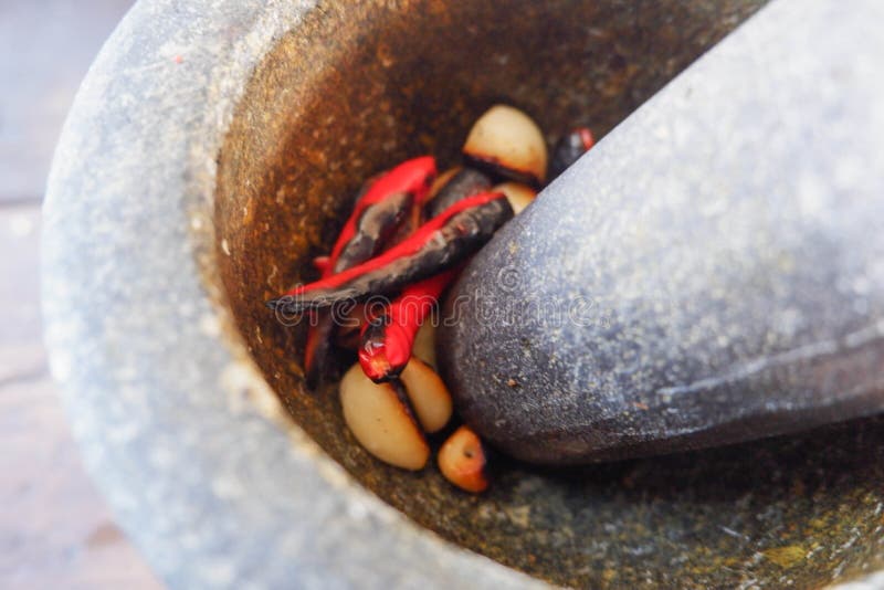 Stone Mortar with Chilli Pepper for Making Curry in Thai Food Important ...