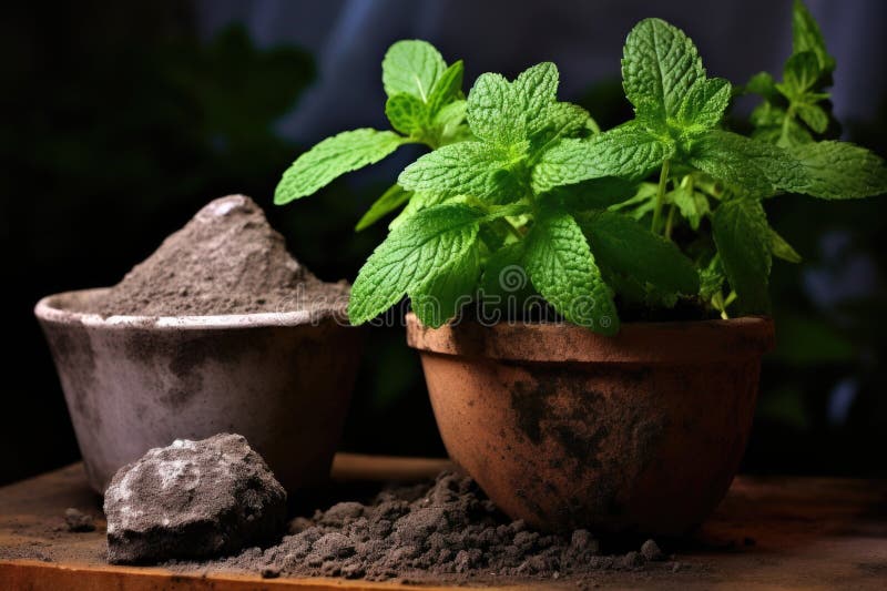 Stone Mortar with Freshly Ground Mint, Next To a Mint Plant Stock Image ...
