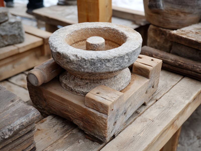 A Stone Mortar and Pestle Sitting on Top of a Wooden Table Stock Photo ...