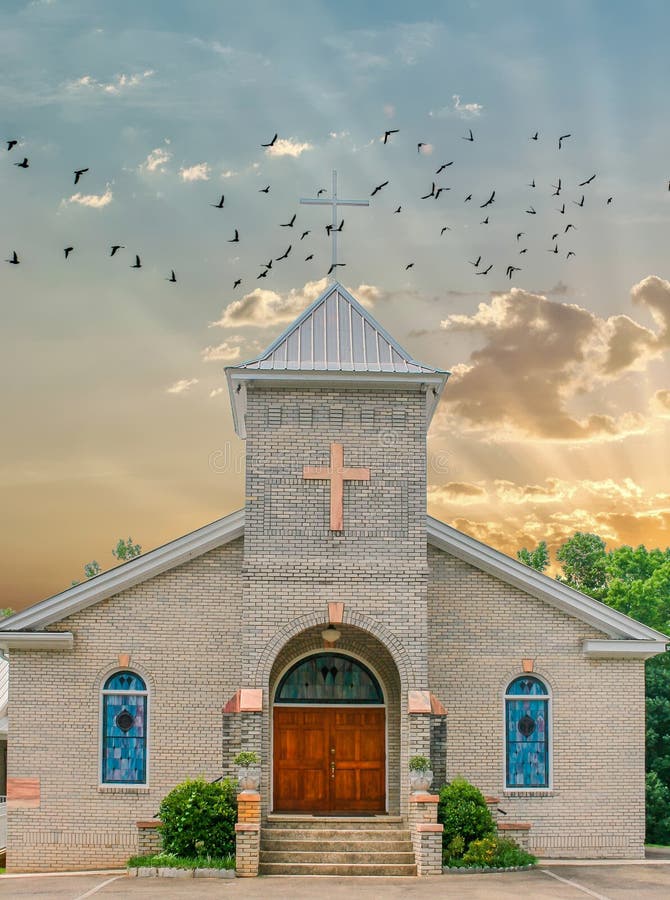 Old Stone Church On Hill With Wood Shingle Steeple Stock Photo - Image ...