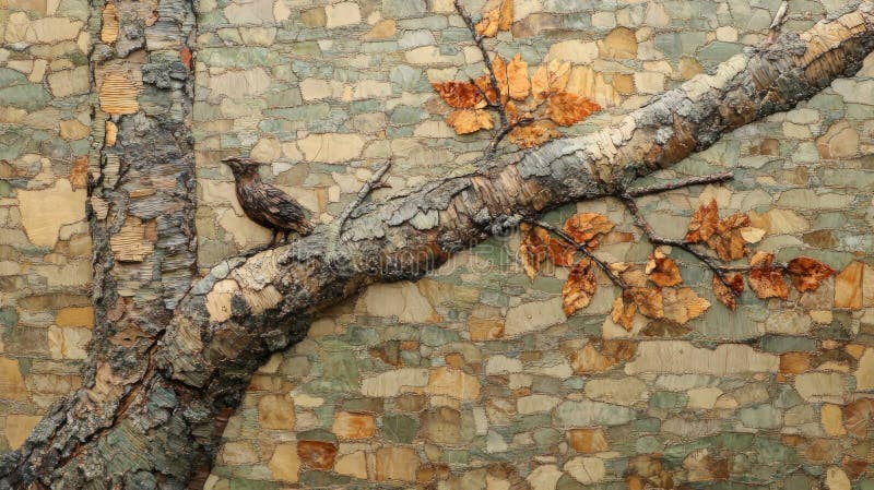 A Stone Mosaic Depicting a Tree Branch with a Bird Stock Illustration ...