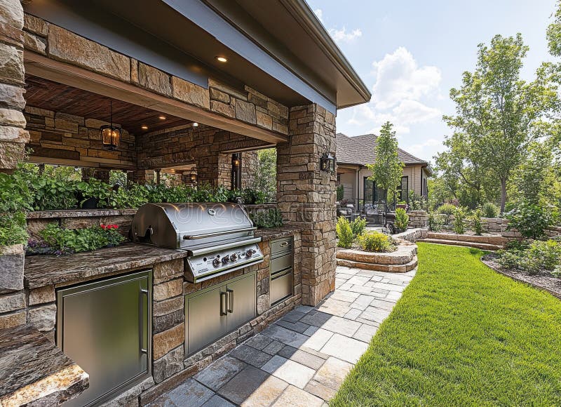 Stone Outdoor Kitchen with Barbecue Island and Greenery Stock Image ...