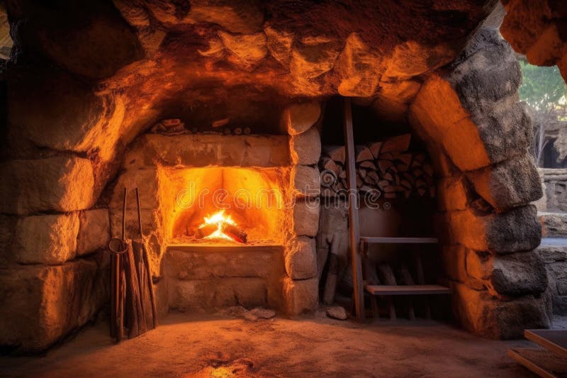 Stone Oven with Open Door Revealing Glowing Embers Inside Stock Photo ...