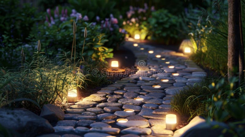 Stone Path Illuminated by Lit Candles Stock Image - Image of path ...